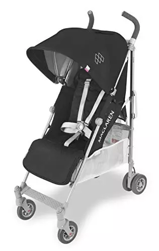 I-Maclaren Quest, I-Stroller yezingane ezisanda kuzalwa ezifika ku-25 kg, isihlalo esinezikhundla eziningi, ukumiswa kwamasondo angu-4, ihood enwebekayo ene-UPF 50+