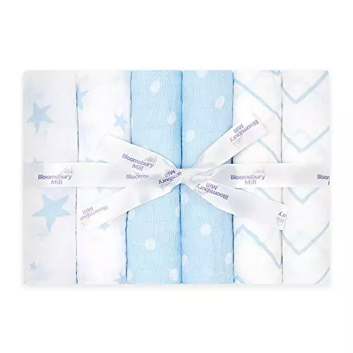 Bloomsbury Mill - Muselina de alta calidade - 100% puro algodón orgánico - Estampado de estrelas, espiña e lunares - Azul e branco - Set de 6 - 70 x 70 cm