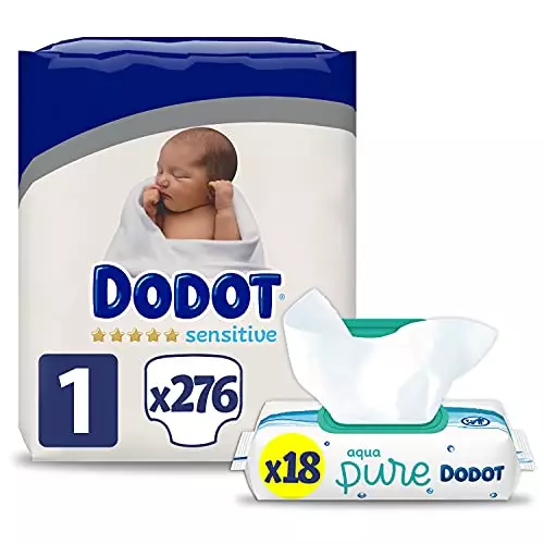 Diapers Leanbh Íogaire Dodot Méid 1 (2-5 kg), 276 Diapers + Aqua Wipes Pure, 18 Pacáiste (18x48), Dodot Cosaint Craiceann Uasta