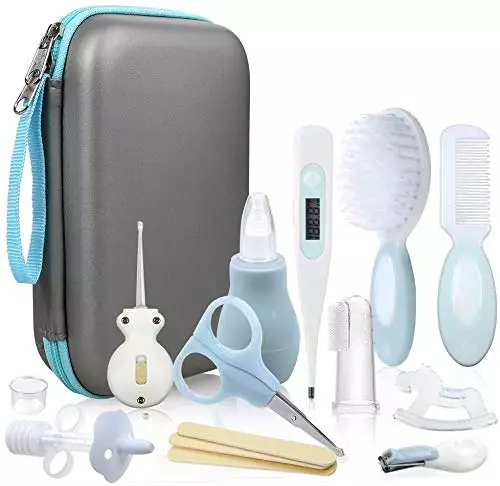 Lictin Baby Care Set - 15 Pieces Baby Grooming Kit with LED Pob ntseg Scoop Hair Brush and Comb, Nail Cutter Finger Toothbrush rau Kev Mus Los thiab Kev Siv Txhua Hnub (Xiav)