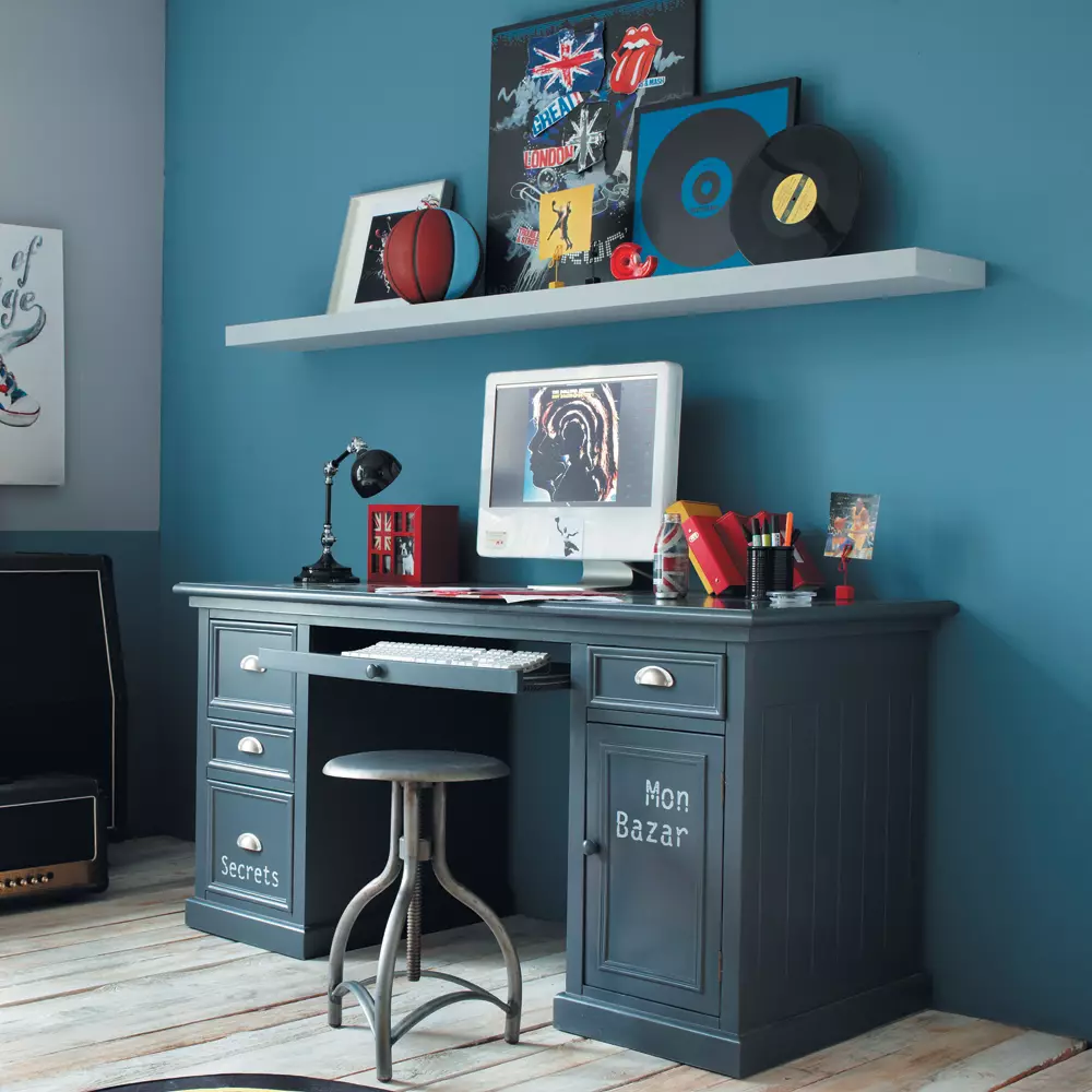 Graublauer Schreibtisch mit 1 Tür und 4 Schubladen