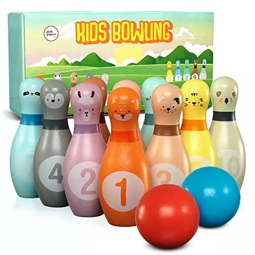 Վարդագույն պապայա մանկական բոուլինգ | 12 հատ մանկական բոուլինգի հավաքածու | FSC սերտիֆիկացված փայտե խաղալիքներ երեխաների համար | Մանկական բացօթյա խաղեր | Խաղալիքներ աղջիկների համար