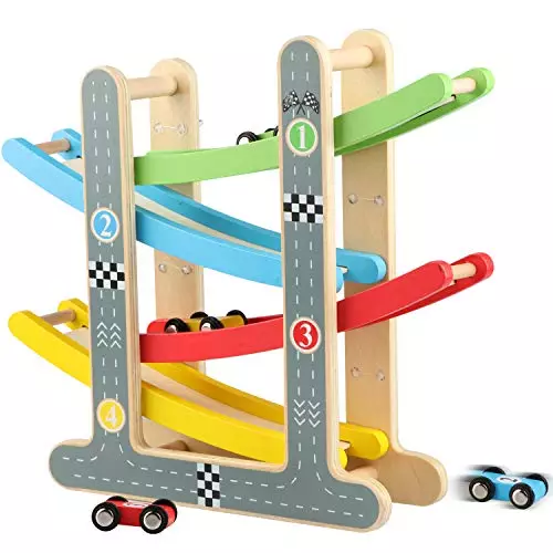 Jacootoys 1 至 2 歲兒童競賽坡道，遊戲電路汽車木製軌道玩具包括 4 輛汽車