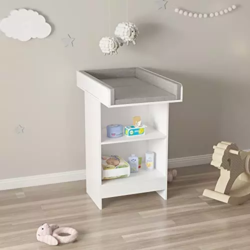 ECD Germany Changing Table para sa mga Sanggol na may 2 Compartment Kasamang Matatanggal na Changing Table 60 x 103 x 88 cm White Wooden Bathtub Cradles na may Kumportableng Banig Organizer Drawer ng mga Bata