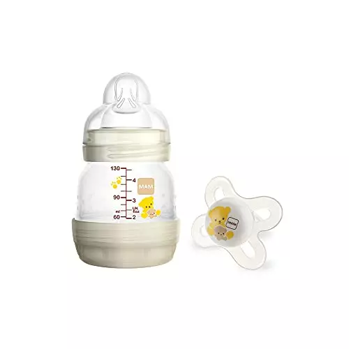 زجاجة مام المضادة للمغص + مصاصة البدء A112 نظام مبتكر مضاد للمغص مع حلمة سيليكون فائقة النعومة SkinSoft TM 0 للأطفال من عمر 0 شهرًا ، 130 مل ، محايد - قطعة واحدة