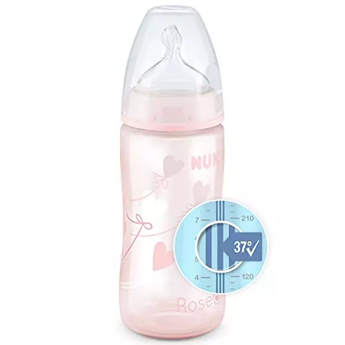 NUK First Choice + - زجاجة للأطفال من 0 إلى 6 أشهر ، مع التحكم في درجة الحرارة ، زجاجة 300 مل مع صمام مضاد للمغص ، خالية من BPA ، حلمة سيليكون ، وردي