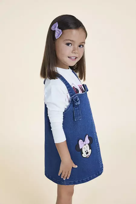 牛仔布针织背带裙配前袋 Minnie Mouse
