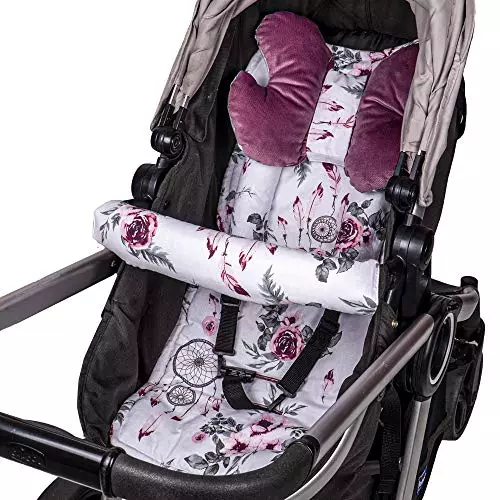 Cuscino per sedile Cuscino per passeggino - Cuscino per passeggino Cuscino per sedile per bambini Set universale traspirante con protezione per cintura poggiatesta 75x35 cm (Rosa - Acchiappasogni)