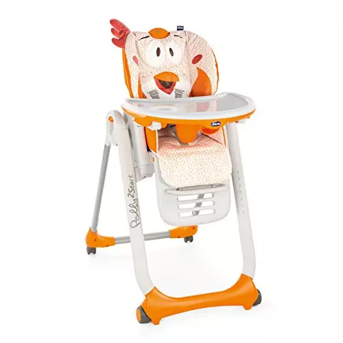 Chicco Polly2Start aukšta kėdutė ir hamakas kūdikiams nuo 0 mėnesių iki 3 metų (15 kg), reguliuojama, transformuojama ir kompaktiška aukšta kėdutė su 4 ratukais, atlošiamas atlošas - oranžinė (išgalvota vištiena)