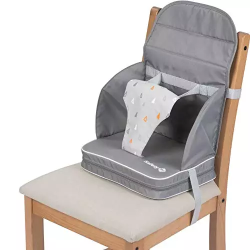 Sekirite 1st Travel Booster Portable Travel Highchair, Syèj ti bebe mou Matlasye, Chèz segondè pòtab pliable, gri cho