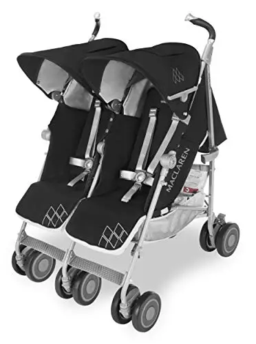 Passeggino Maclaren Twin Techno leggero e compatto per neonati fino a 15 kg per sedile, Capottina estensibile singola e sedile reclinabile, Include parapioggia, Nero