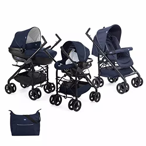 Chicco Trio Sprint Baby Carriage 3 Pieces z modułowym systemem podróżnym Odpowiednie od 0 do 36 miesięcy, wózek z gondolą i fotelikiem samochodowym, lekki, składany i kompaktowy, kolor niebieski (Blue Passion)