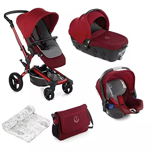 Jané Rider - 3-sapotong kareta dorong orok, carrycot disatujuan sareng gendongan orok sareng kareta dorong, kalayan kantong sareng panutup hujan, lipetan kompak, tempat tidur gantung anu tiasa dibalikkeun, unisex, warna beureum mahluk