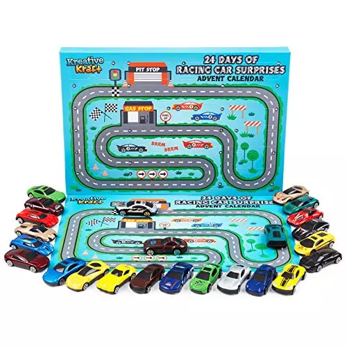 KreativeKraft Advent Calendar Toy Cars 2021, Kalinda biakwa nwere ihe ịtụnanya 24 na ụgbọ ala sekit, kalenda ọbịbịa ekeresimesi maka ụmụ nwoke na ụmụ nwanyị