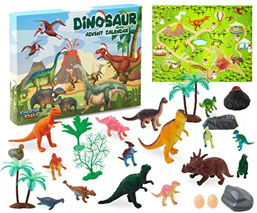 KreativeKraft Dinosaurieadventskalender 2021, barnadventskalender innehåller 24 överraskningar, juladventskalender för pojkar och flickor